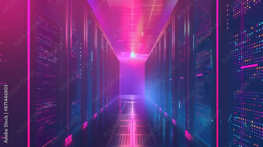 Modern data center with glowing pink and blue lights, showcasing ...