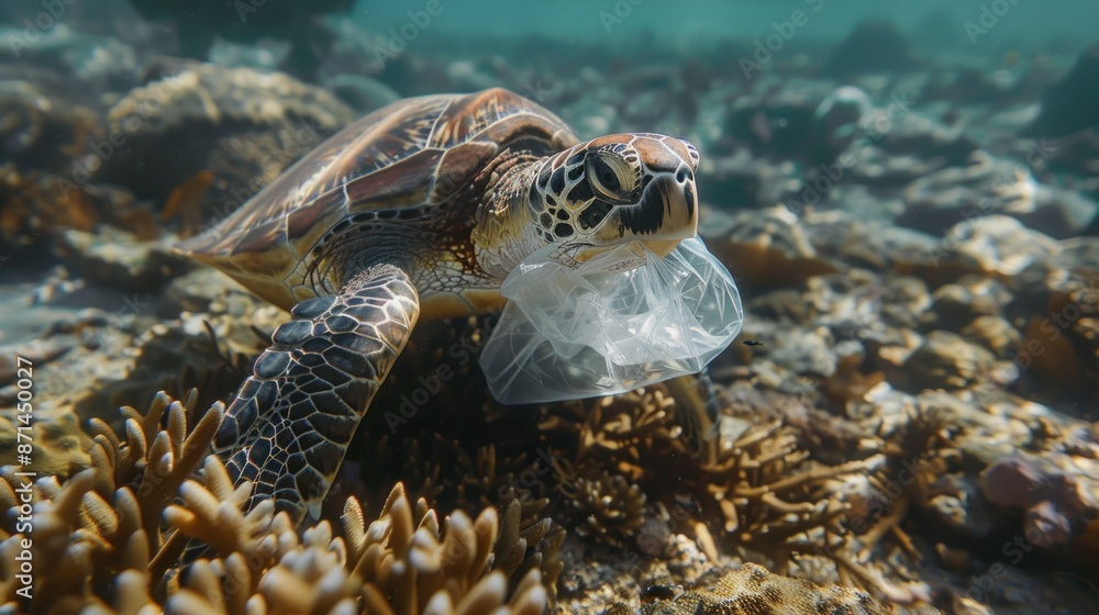 Underwater scene showing a sea turtle biting into a plastic bag ...