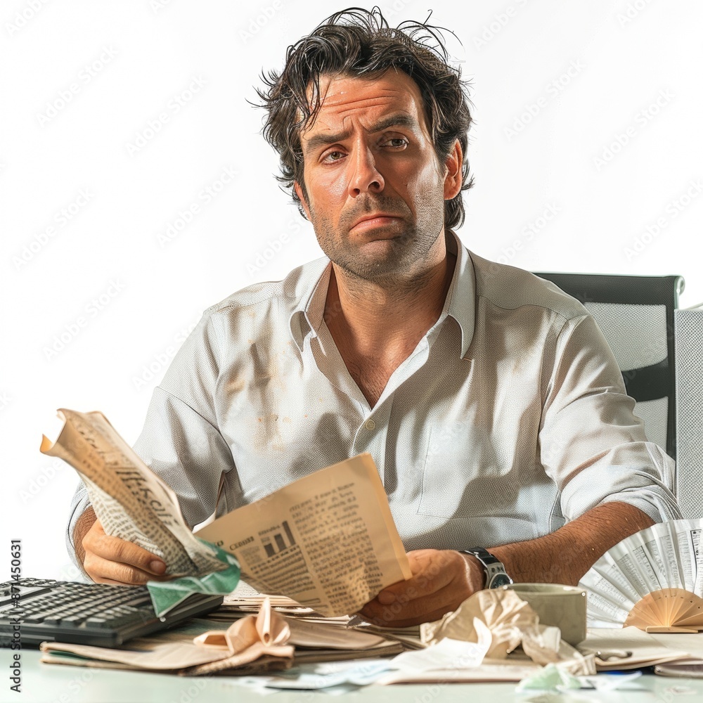 Office Worker Feeling Heatwave Discomfort: Man Sweating and Fanning ...