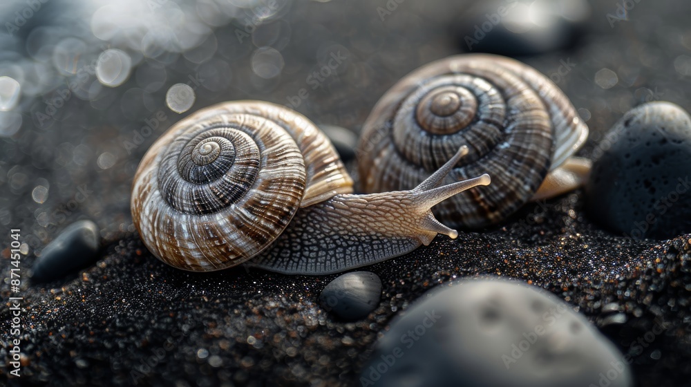 Explore the beauty of macro photography with snail shells on black sand ...