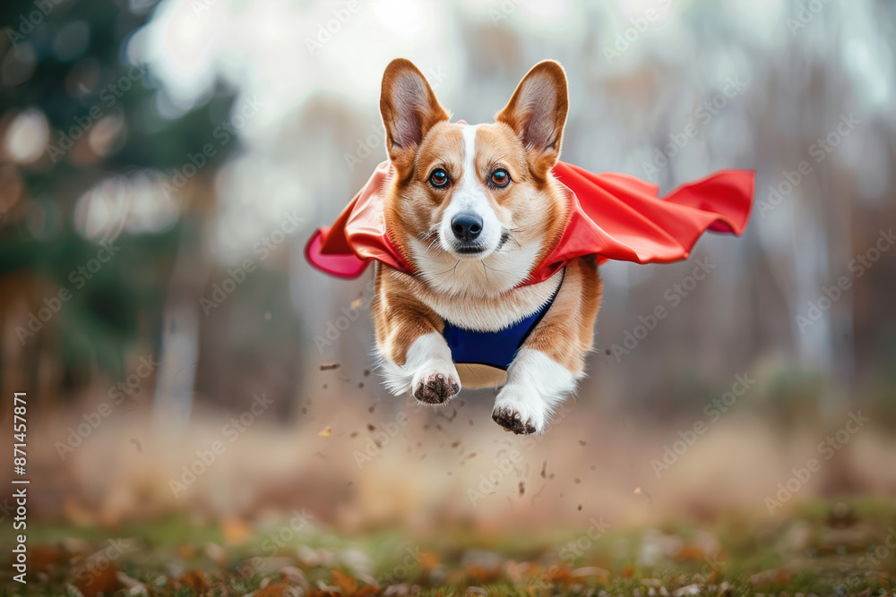 An adorable illustration of a Welsh corgi dog wearing a red cape and ...