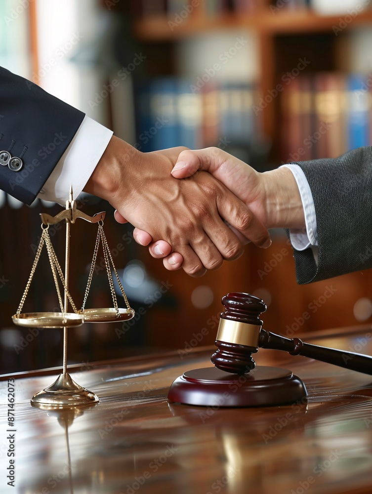 Business meeting between lawyers with a handshake, scales of justice ...