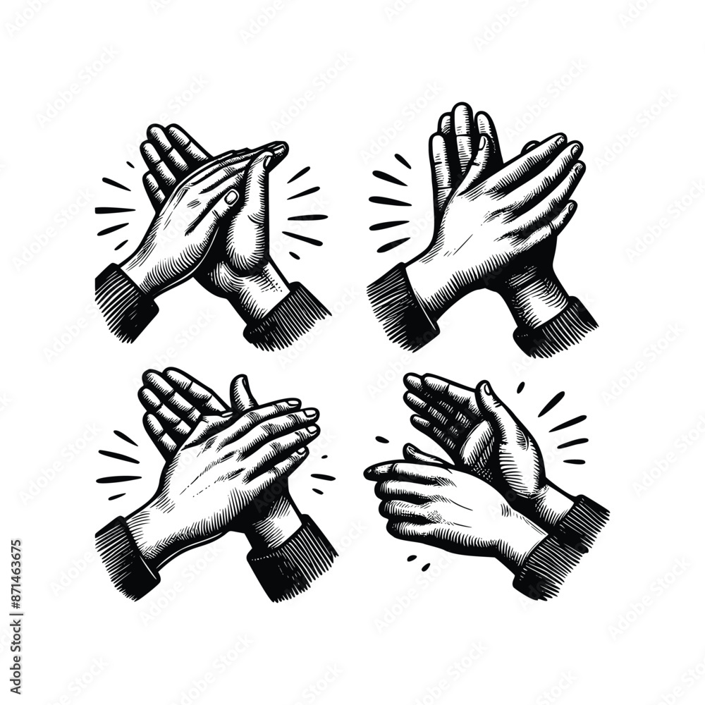 hand drawn illustration of applause clapping hands. black and white ...