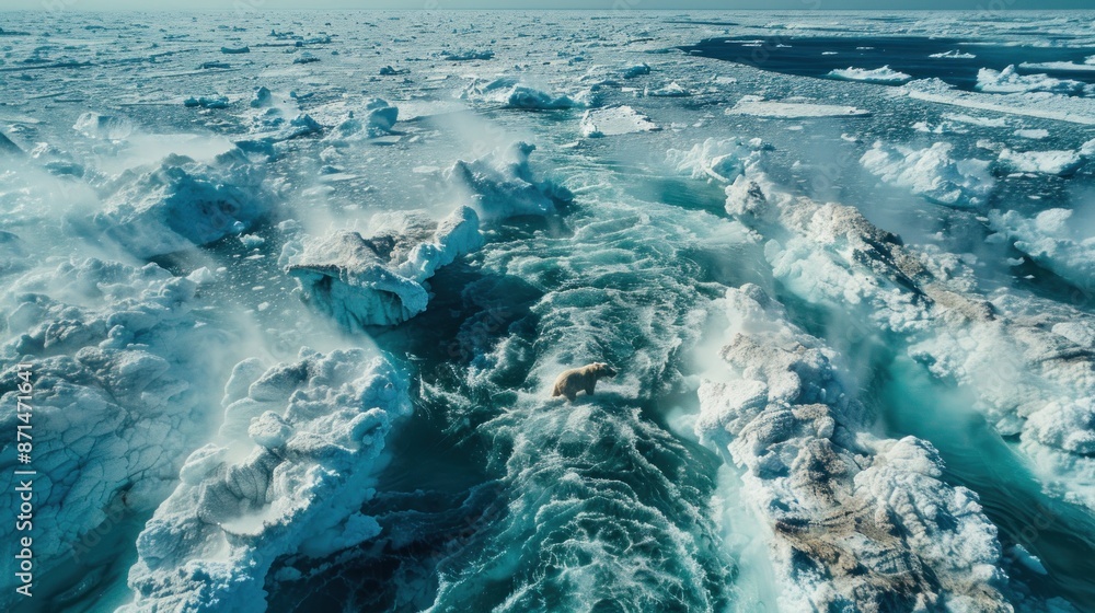 An aerial view of a vast ice field with several large icebergs in ...