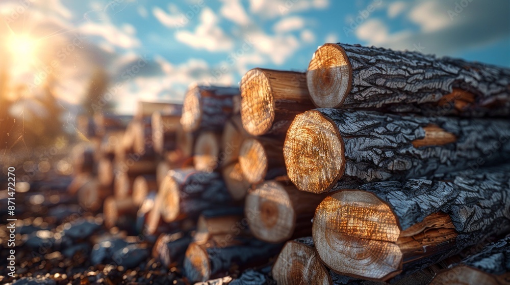 Deforestation forest and Illegal logging. Cutting trees. Stacks of cut ...