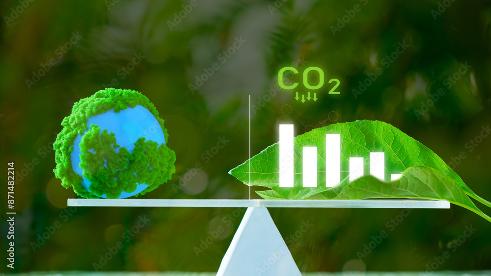 Globe with greenery and a leaf featuring a CO2 reduction chart balanced ...
