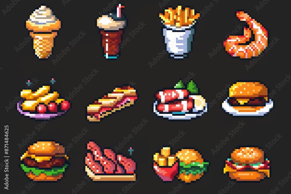 Food pixel art 80s style icons element design stickers, logo, menu ...