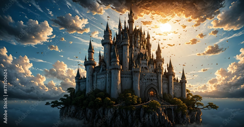 floating medieval gothic castle palace building floating in the sky in ...