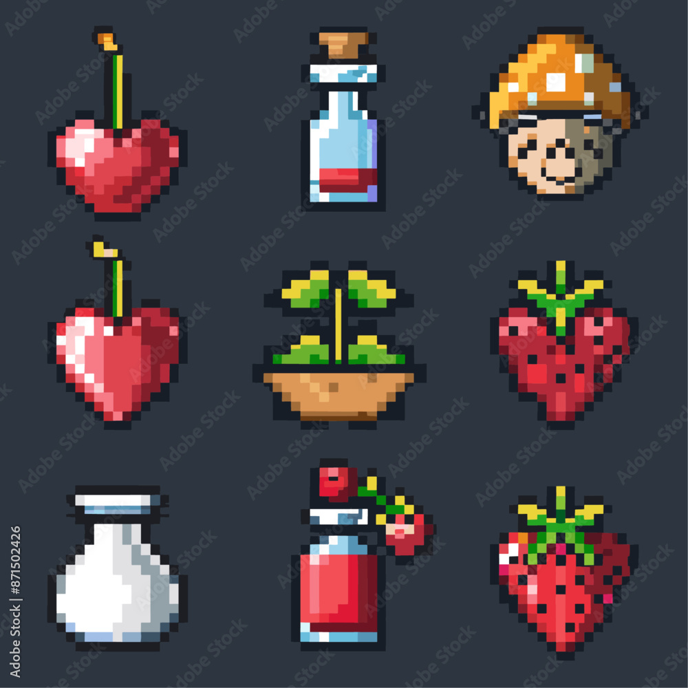 pixel art style captures the essence of each item using limited pixels ...