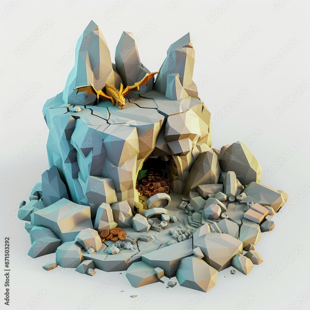 3D Render, Low Poly style of a dragon’s lair with treasure, on isolated ...