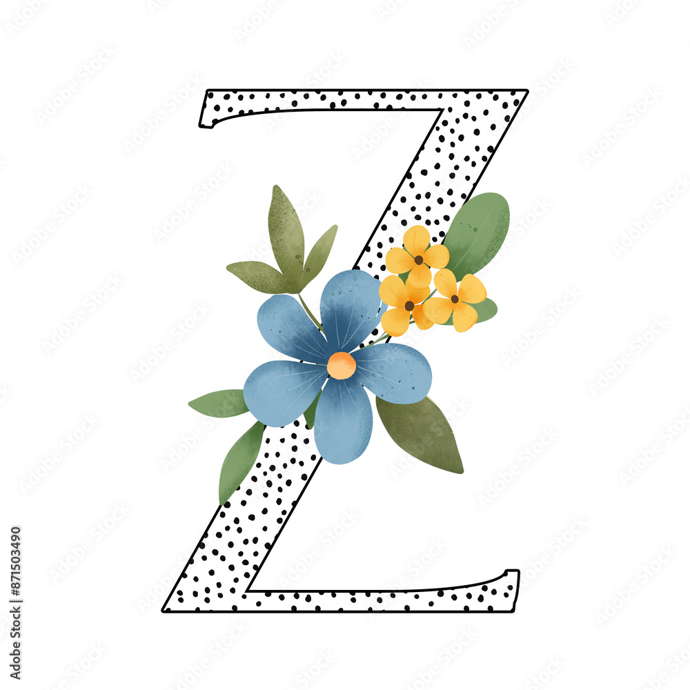 Monogram Z, letter with watercolor flowers and leaves. Letterhead ...