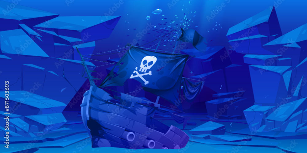 Wrecked pirate ship on rocky sea bottom. Vector cartoon illustration of ...