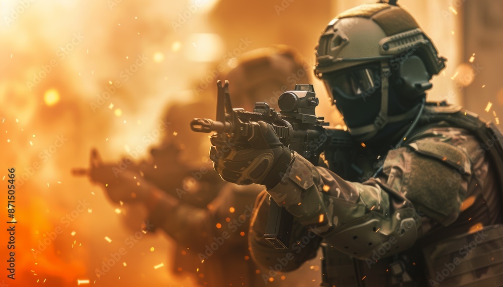 Soldier at battle and smoke. Special military army. Strike and shooting ...