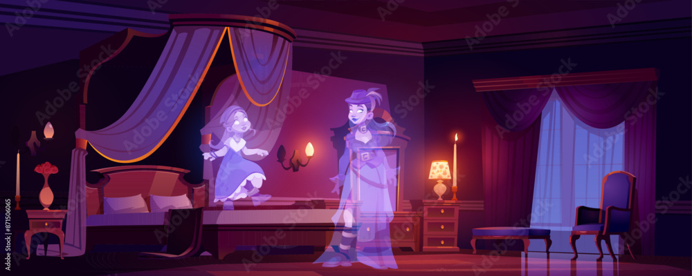 Dark haunted bedroom with ghosts. Vector cartoon illustration of ...