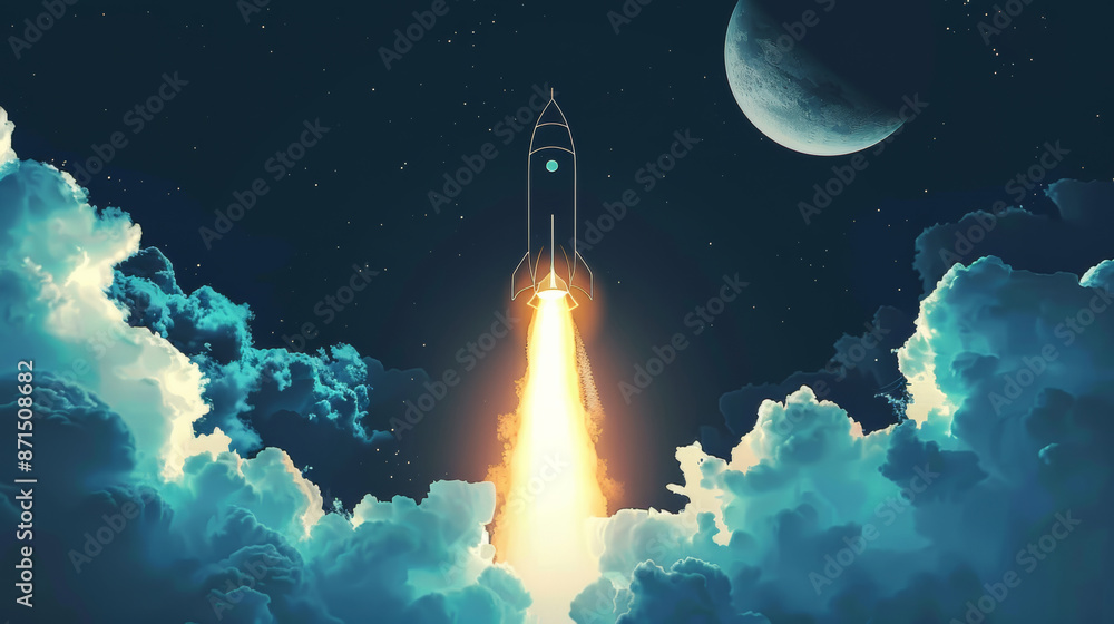 digital art illustration 2d of a spaceship launching. blue and charcoal ...