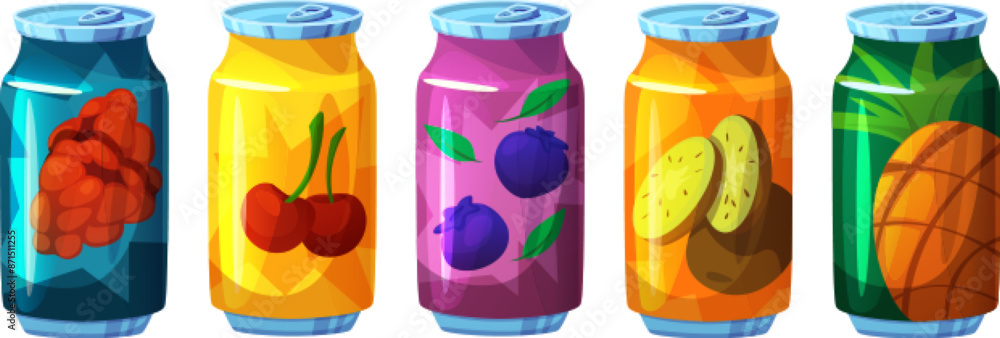 Fruit soda drink cans set isolated on white background. Vector cartoon ...