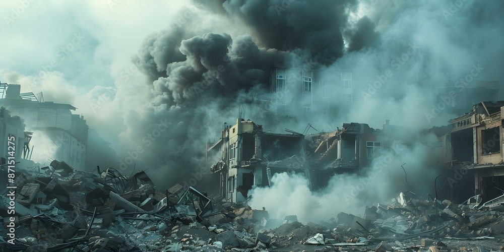 Desolate cityscape Buildings destroyed in apocalyptic warzone, smoke ...