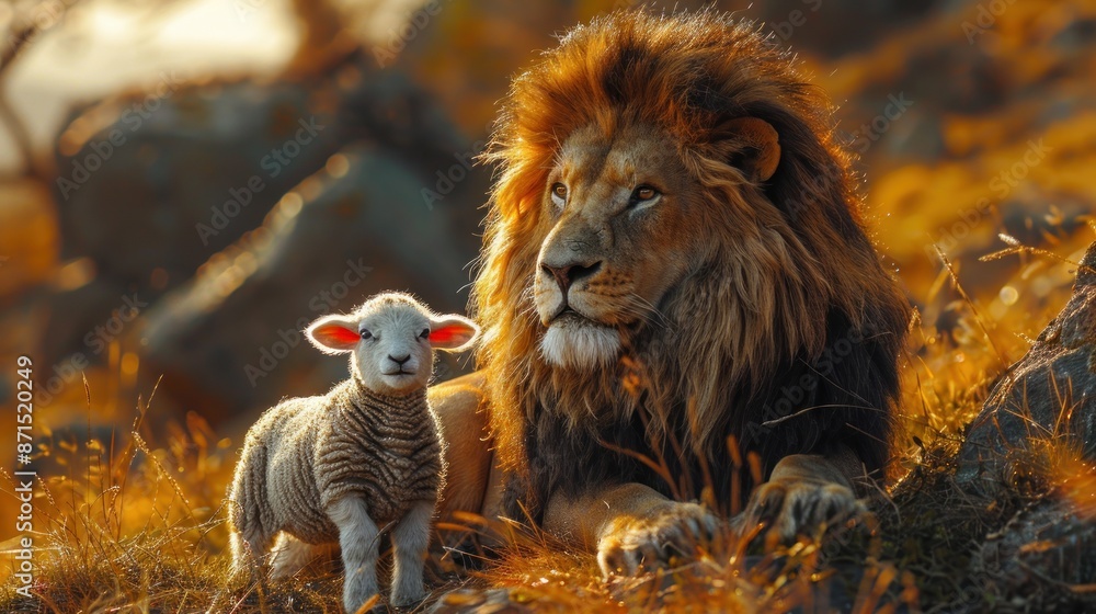 lion and a lamb together in a warm, autumnal scene, Harmony of the Wild ...
