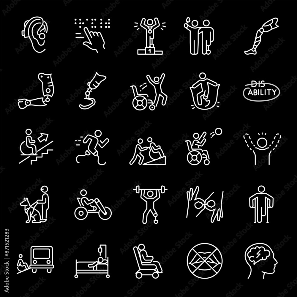 Disability, white line icons. Symbols representing disabled people and ...