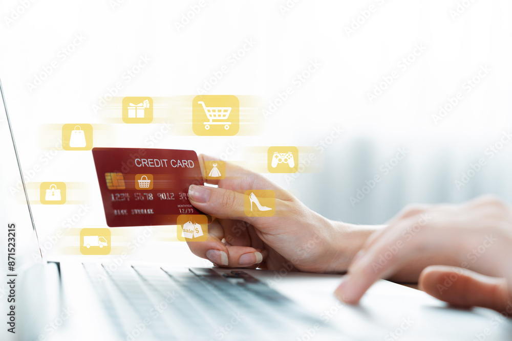 Elegant customer hold credit card with hologram interface choose online ...