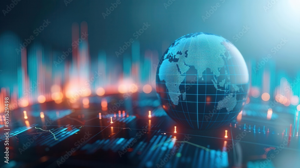 3D illustration of a global market with interconnected continents and ...