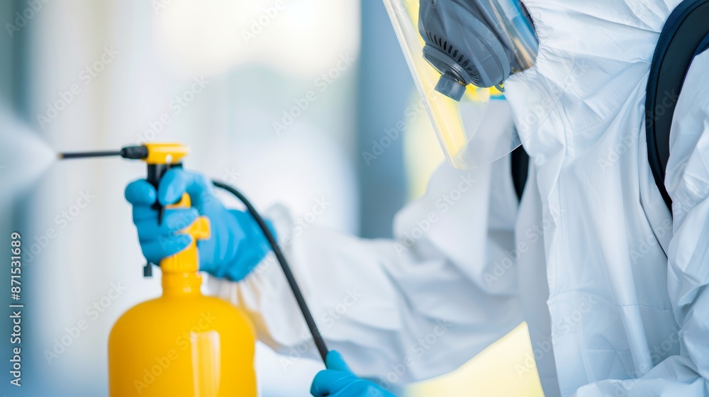 Professional pest control worker with fumigation gear, protective ...