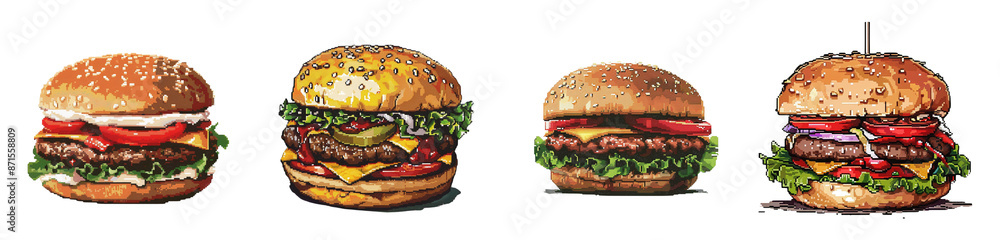 Four pixel art burgers with various toppings on transparent background ...