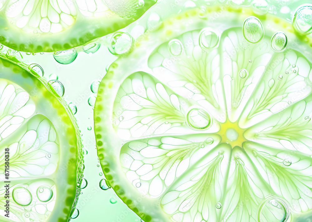 Close up and vibrant depiction of lime slices submerged in water, accentuated beautifully by a ...