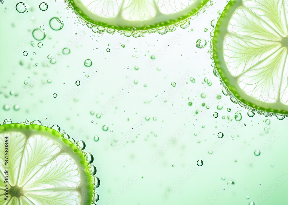 Close up and vibrant depiction of lime slices submerged in water, accentuated beautifully by a ...
