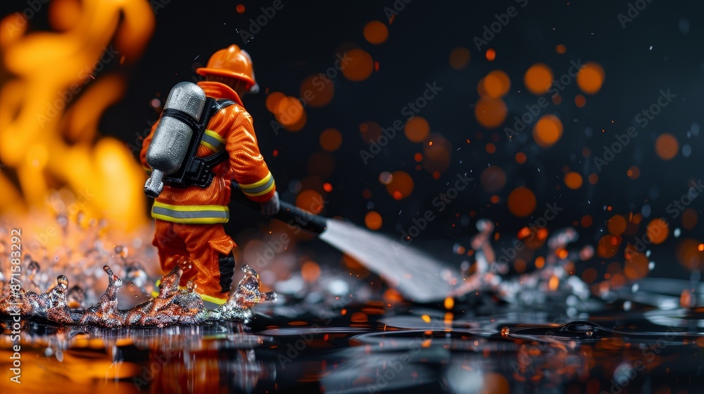 Detailed miniature firefighter models, toy figures against flames ...