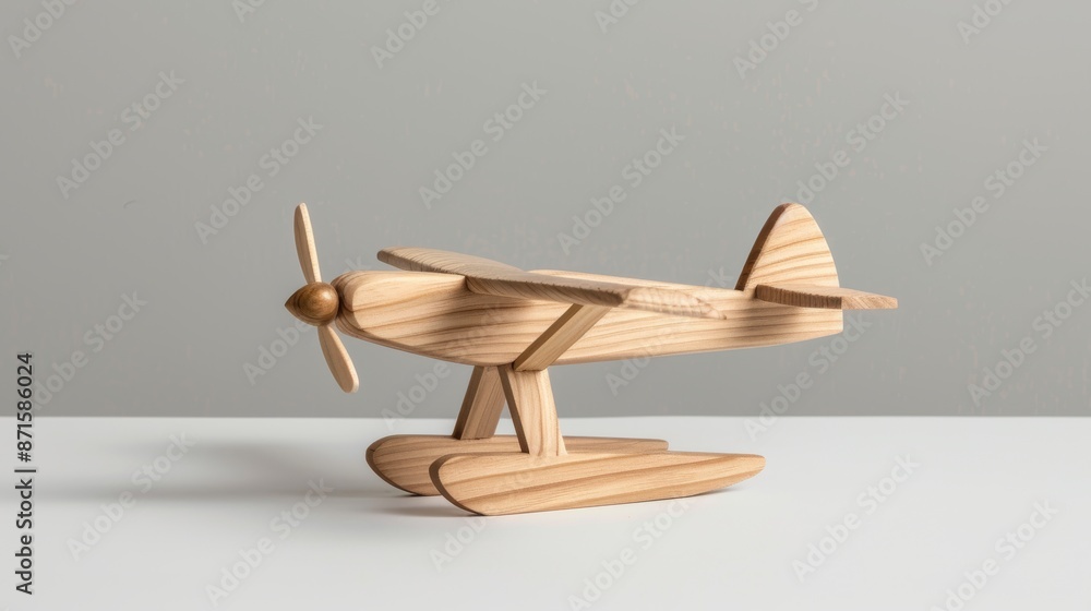 Miniature plane model crafted from wood, isolated background, studio ...