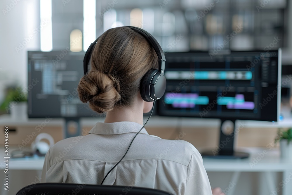 Woman video editor works on project at modern studio desk with dual ...