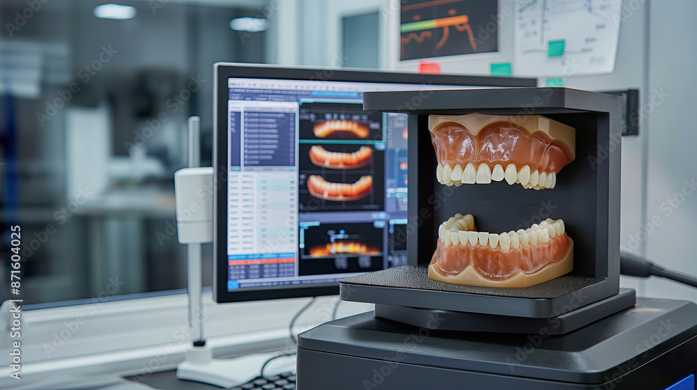 Dental models with upper and lower teeth on a stand in front of a ...