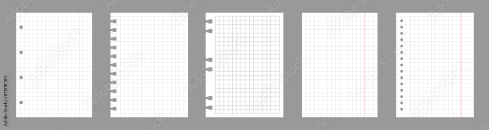Set of notebook sheets isolated on gray background. Realistic white blanks of checkered paper ...
