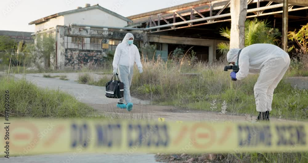 Forensic photographer, crime scene and people with tape for ...