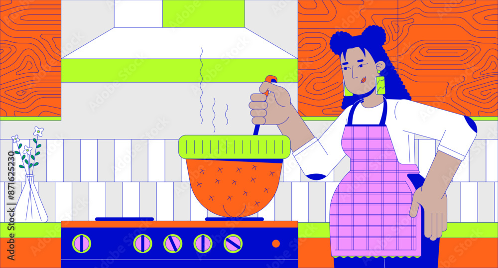 Latin american woman cooking in hat cartoon flat illustration. Hispanic ...