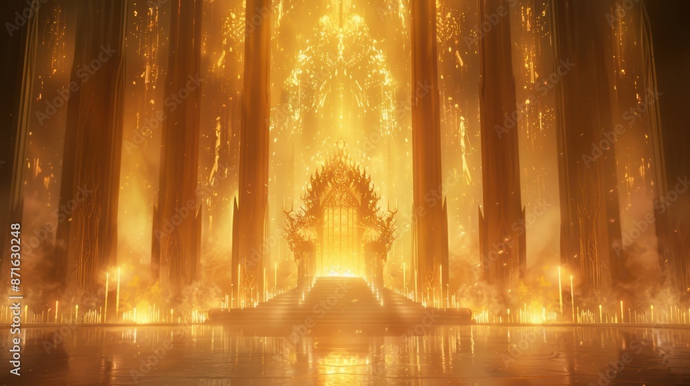 An ethereal and majestic throne glowing with intense golden light, set ...