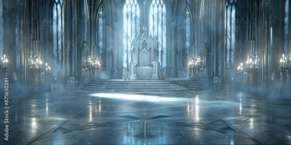 Majestic, ethereal throne room with gothic architecture, bathed in cool ...