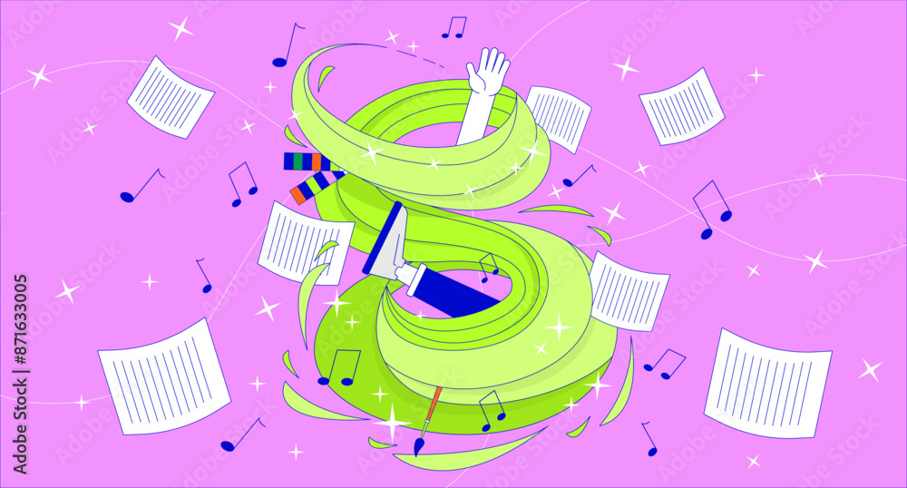 Person pulled into vortex of musical sounds 2D linear illustration ...