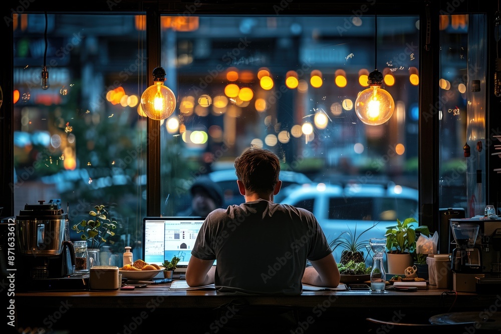A worker eating lunch alone at their desk, the glow of the computer ...