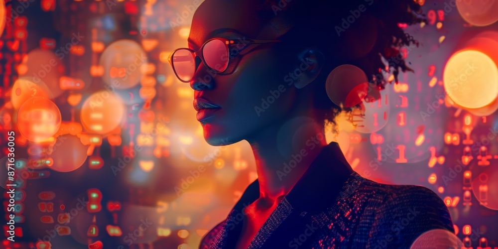 Internet, economy, and stock market with a woman dealing FX at night at ...