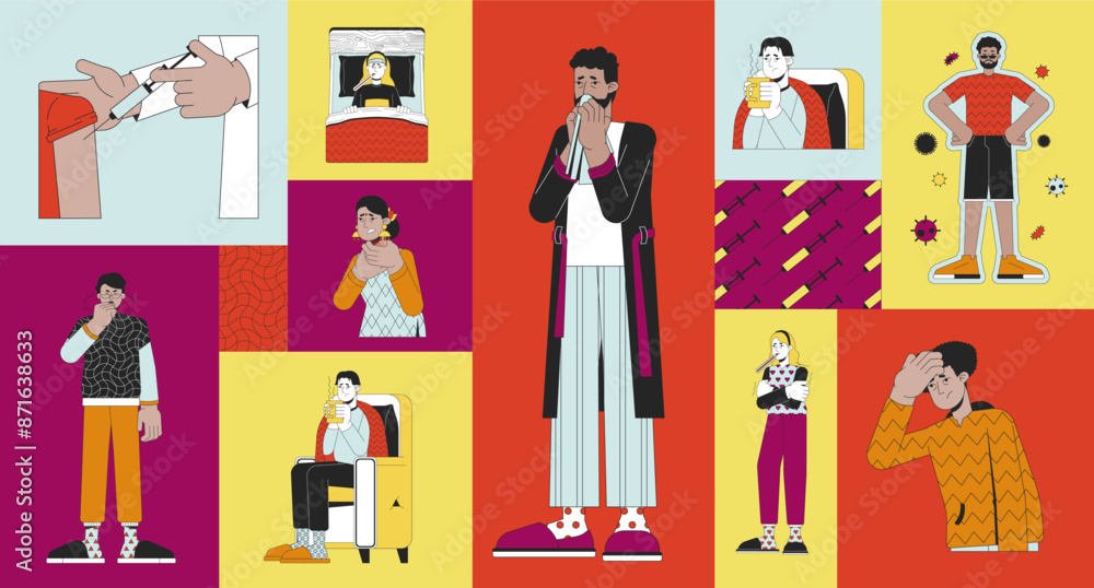 Seasonal influenza treatment bento grid illustration set. Flu virus ...