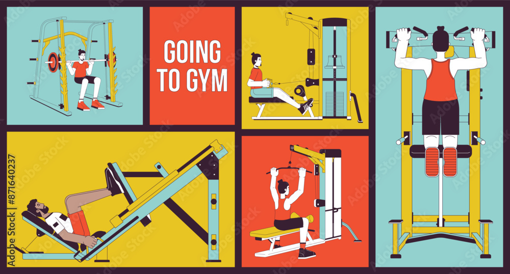 Men gym sports training bento grid illustration set. Weights lifting ...