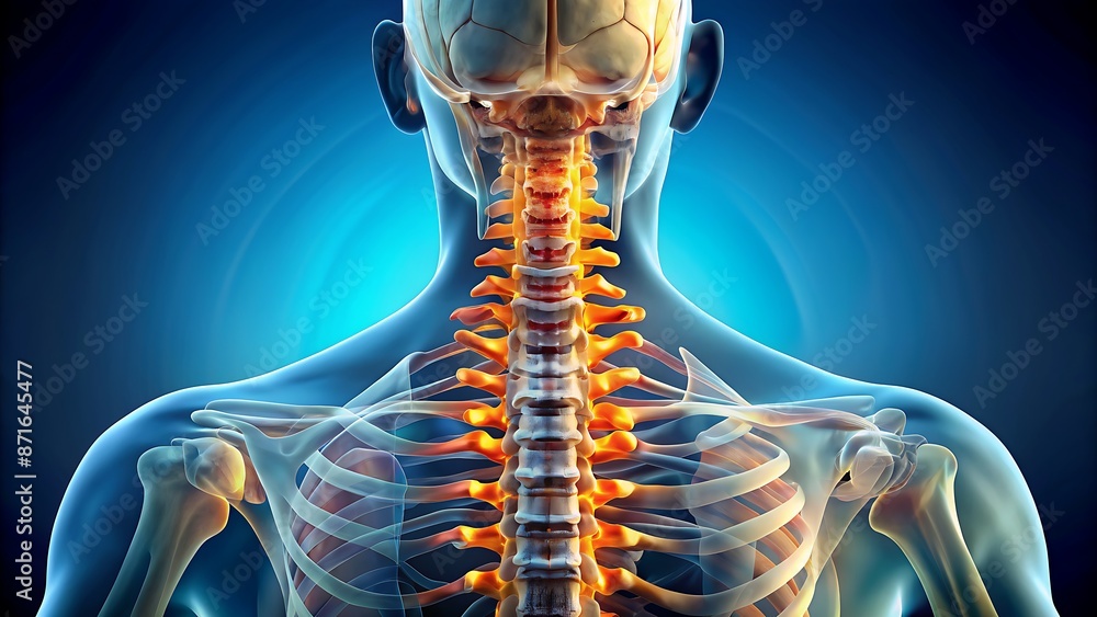 Illustration of the human cervical spine, showcasing seven vertebrae ...