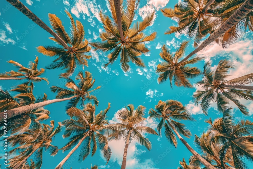 Summer Palm Trees. Vintage Style View of Palm Trees from Below against ...