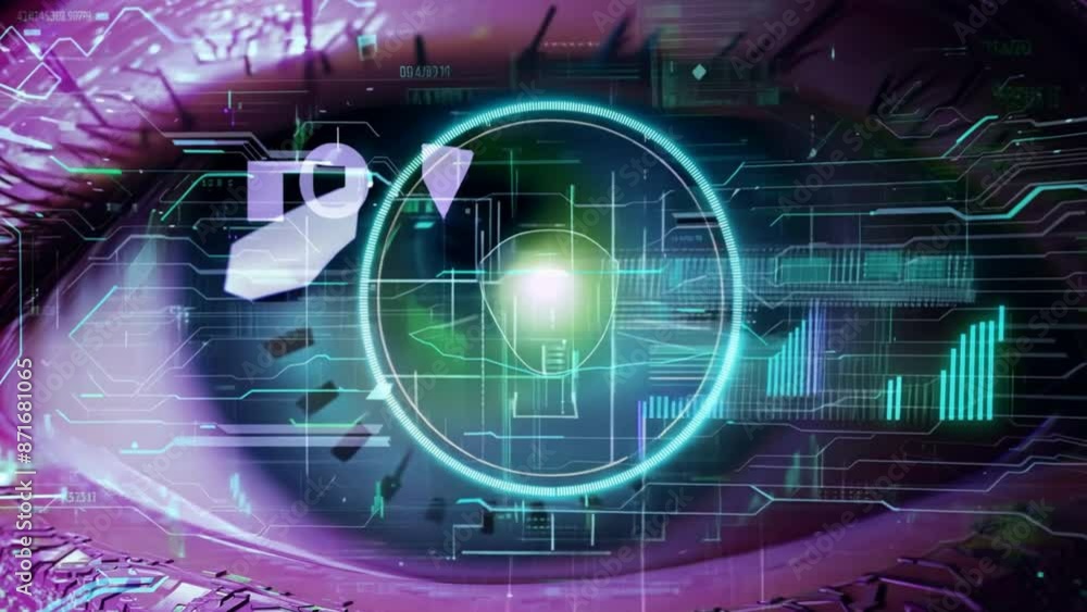 A high-resolution photo of a cyborg eye scanning a digital landscape ...