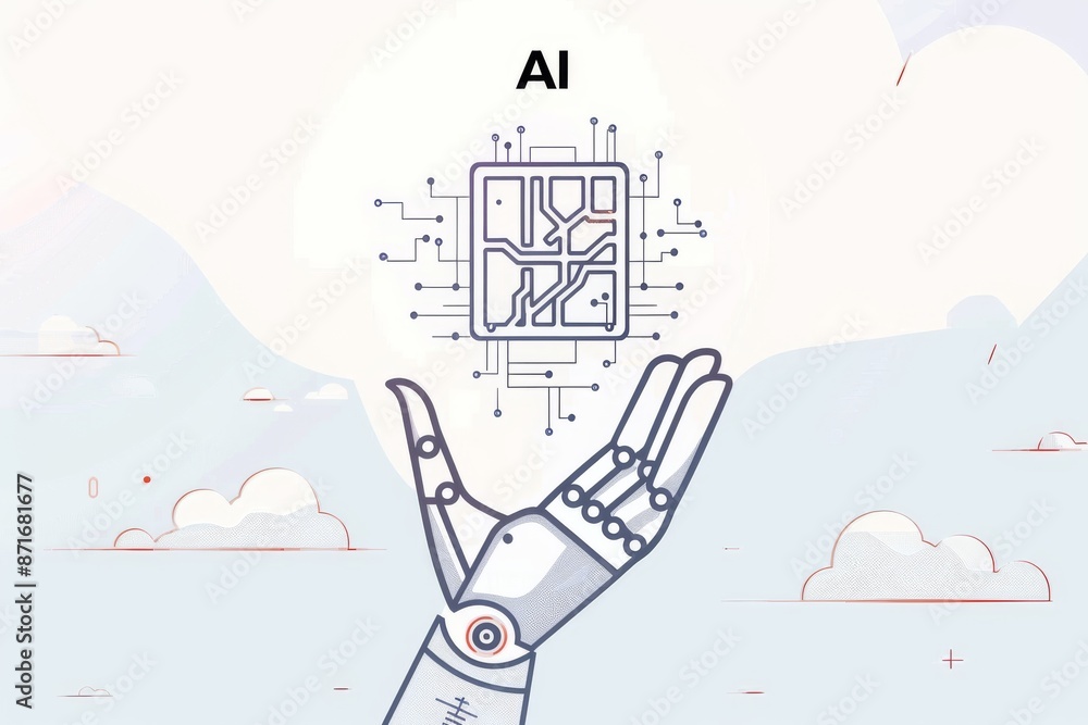 A flat vector illustration of an AI chip floating above the hand, with ...