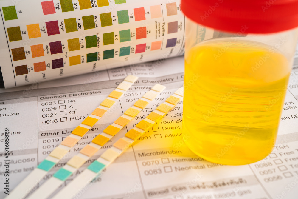 Urinalysis, urine cup with reagent strip pH paper test and comparison ...