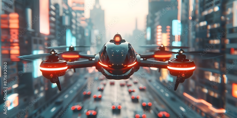 Futuristic Cityscape Quadcopter EVs Revolutionizing Public ...