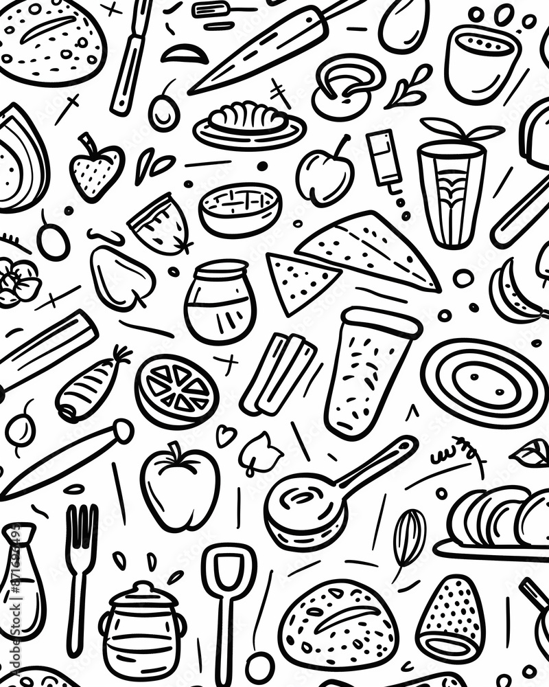 seamless pattern with hand-drawn food elements including fruits ...